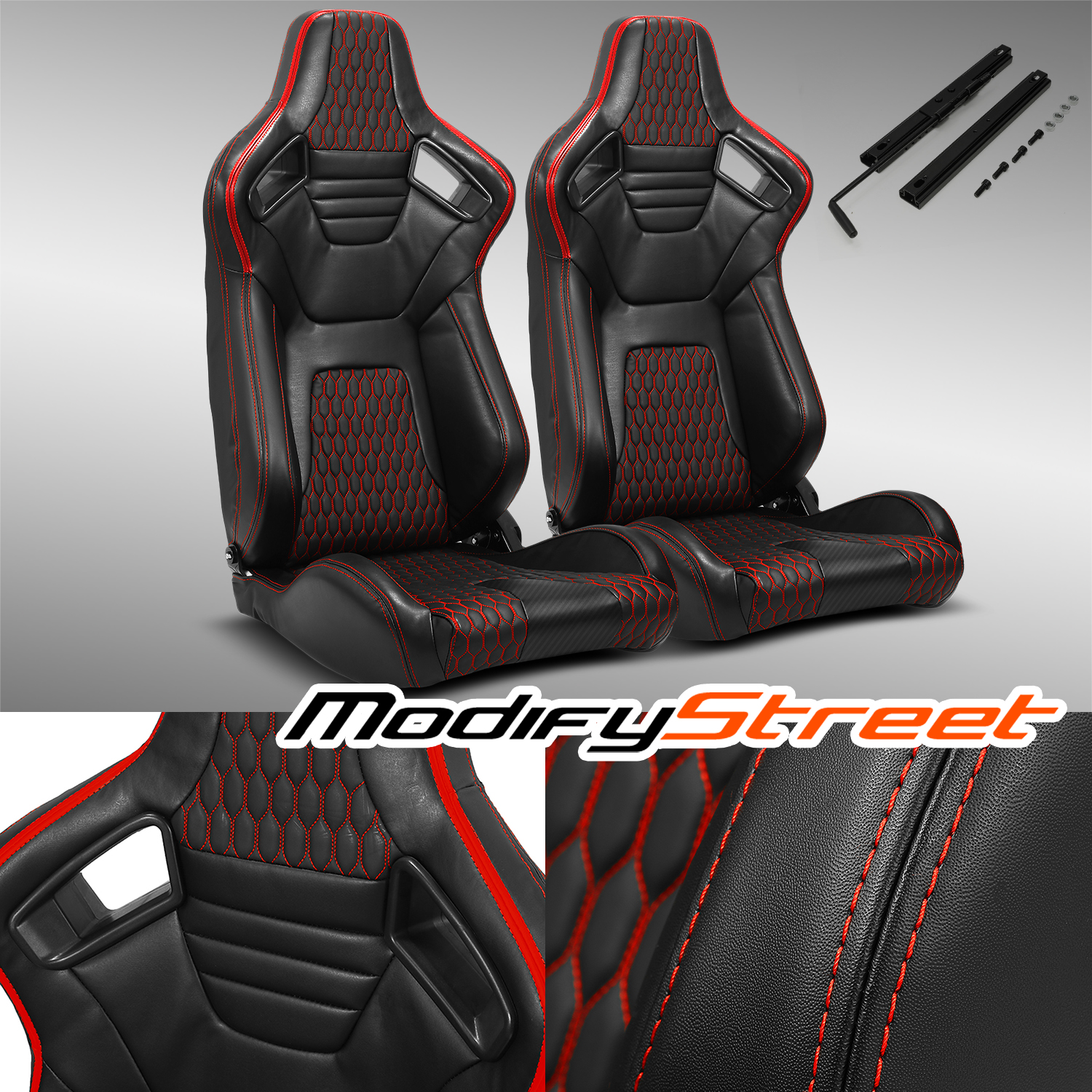 Pair of PVC Carbon Fiber Leather Reclinable Racing Seats W/Silders Red ...